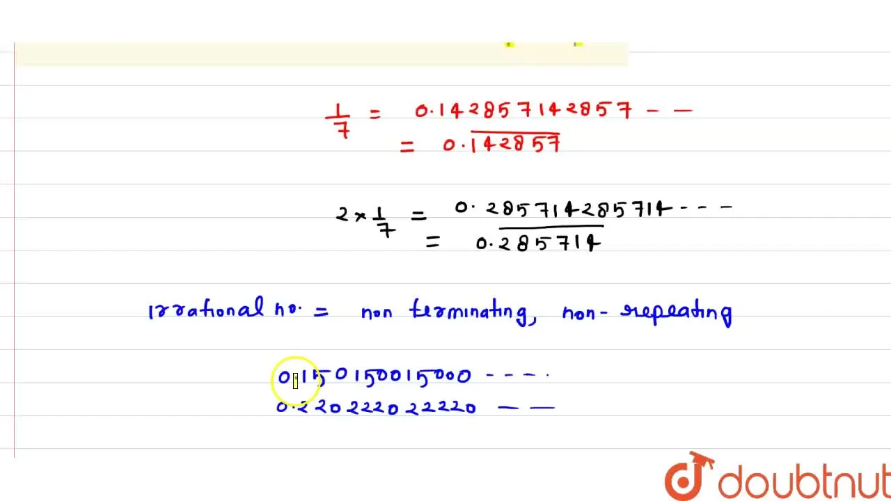 Find two irrational numbers between (1)/(7) and (2)/(7).
