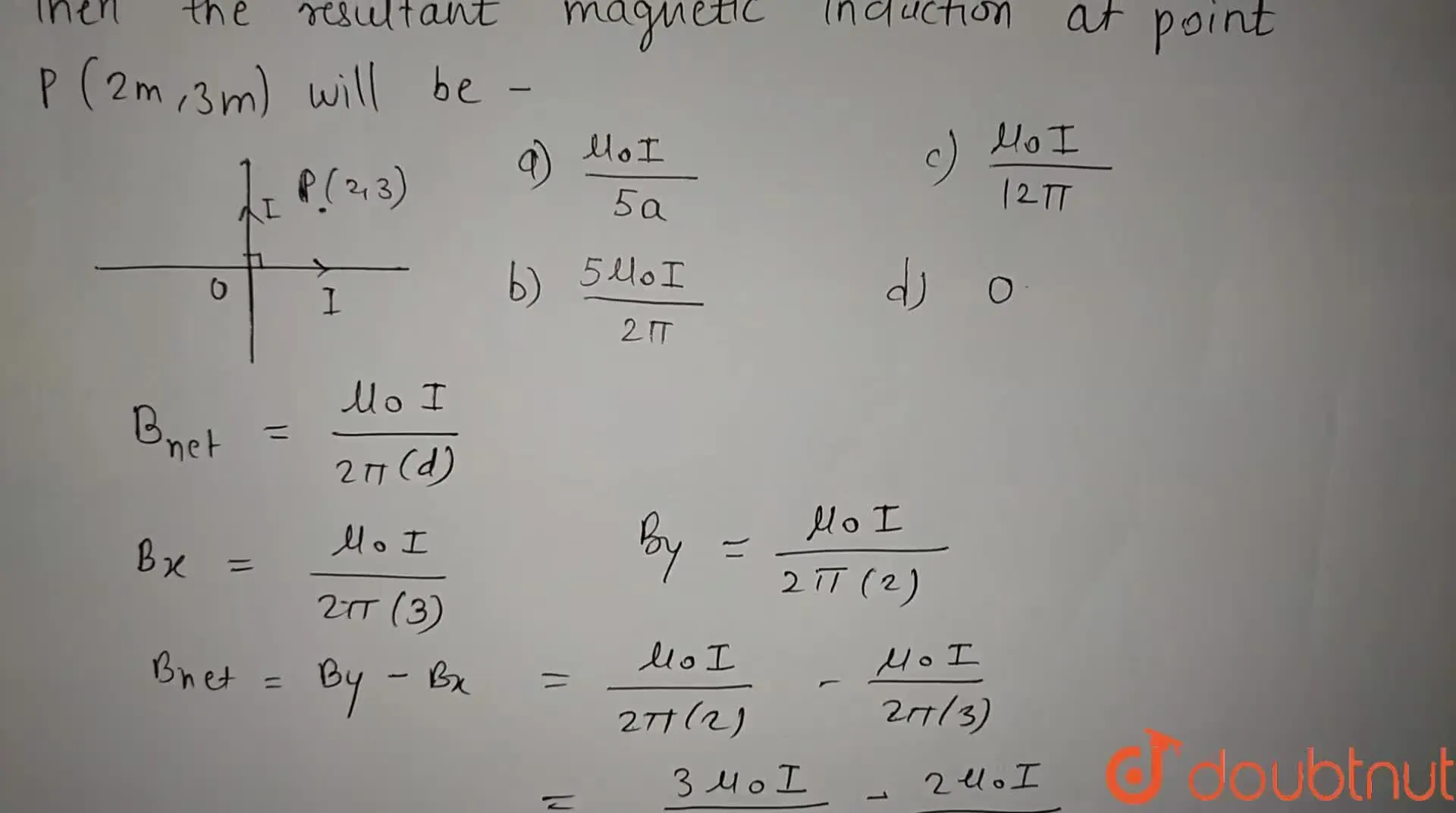 Two mutually perpendicular insulated long conducting wires carrying eq