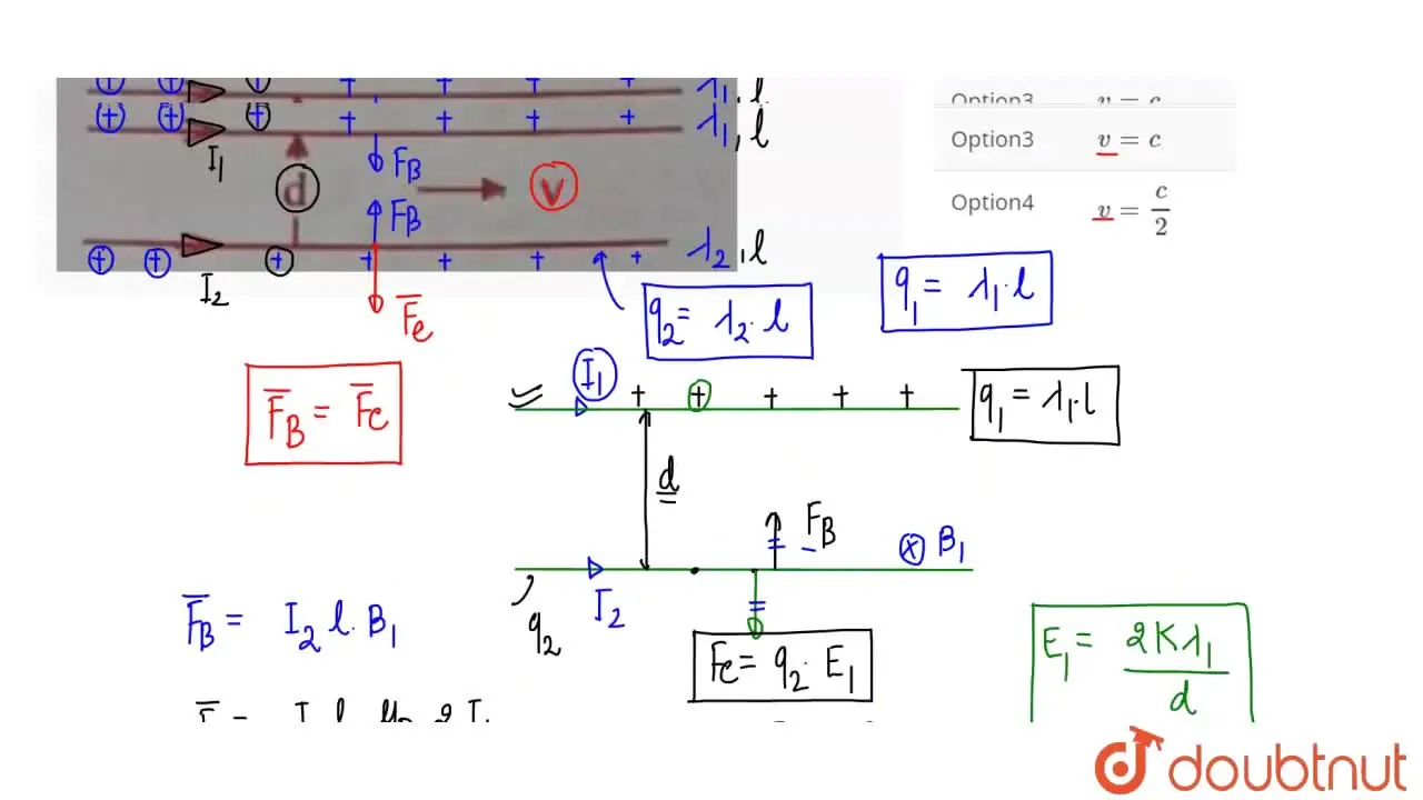 Two infinite line-charges parallel to each other are moving with a c