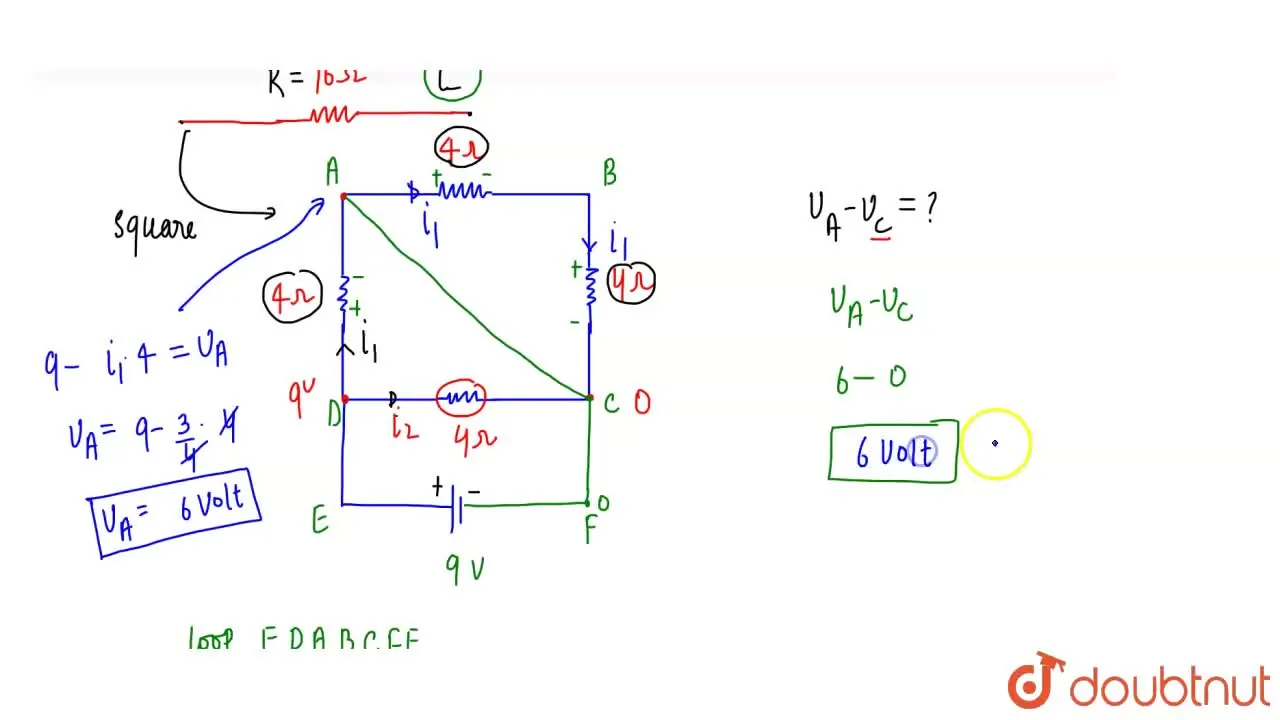 A 16 ohm resistance wire is bent to form a square. A source of emf 9 v