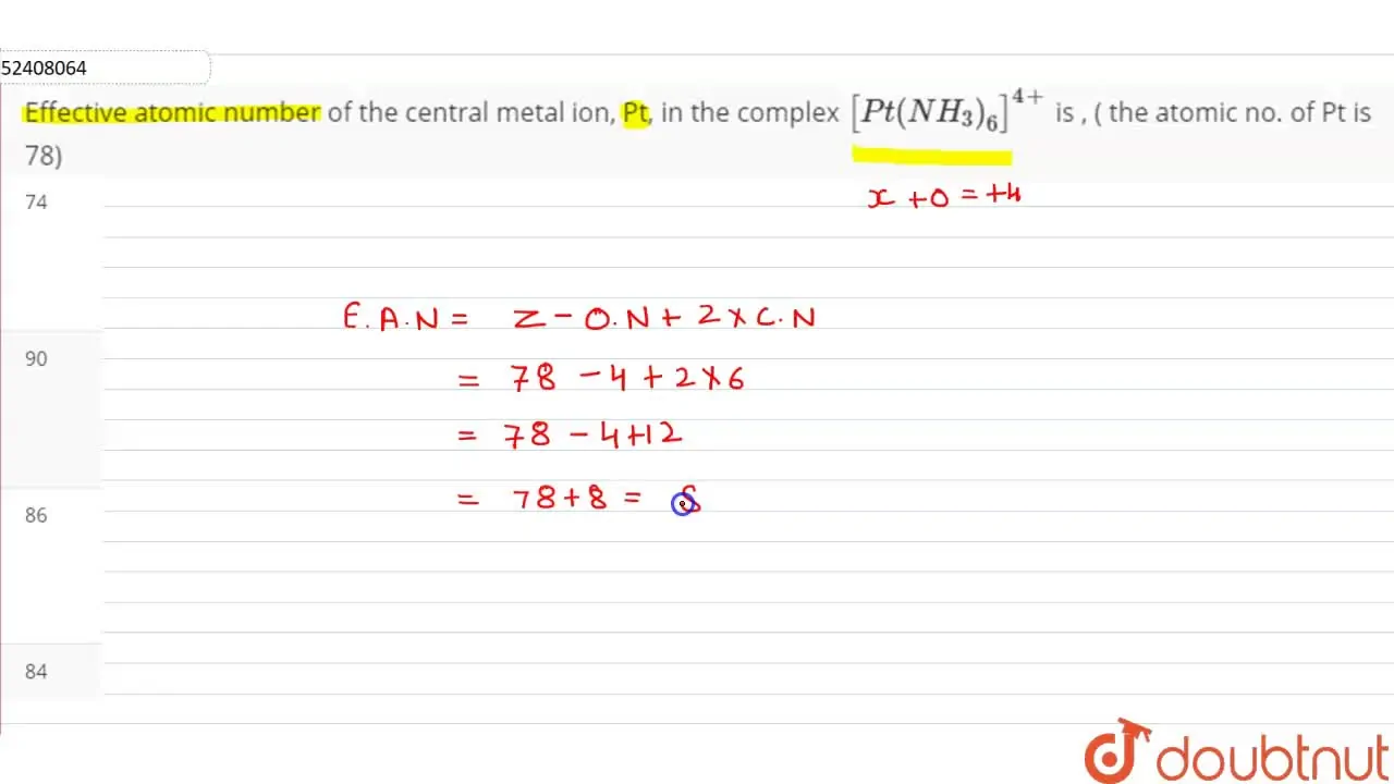 Effective atomic number of the central metal ion, Pt, in the complex