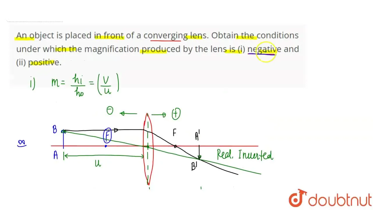An object is placed in front of a converging lens. Obtain the conditio