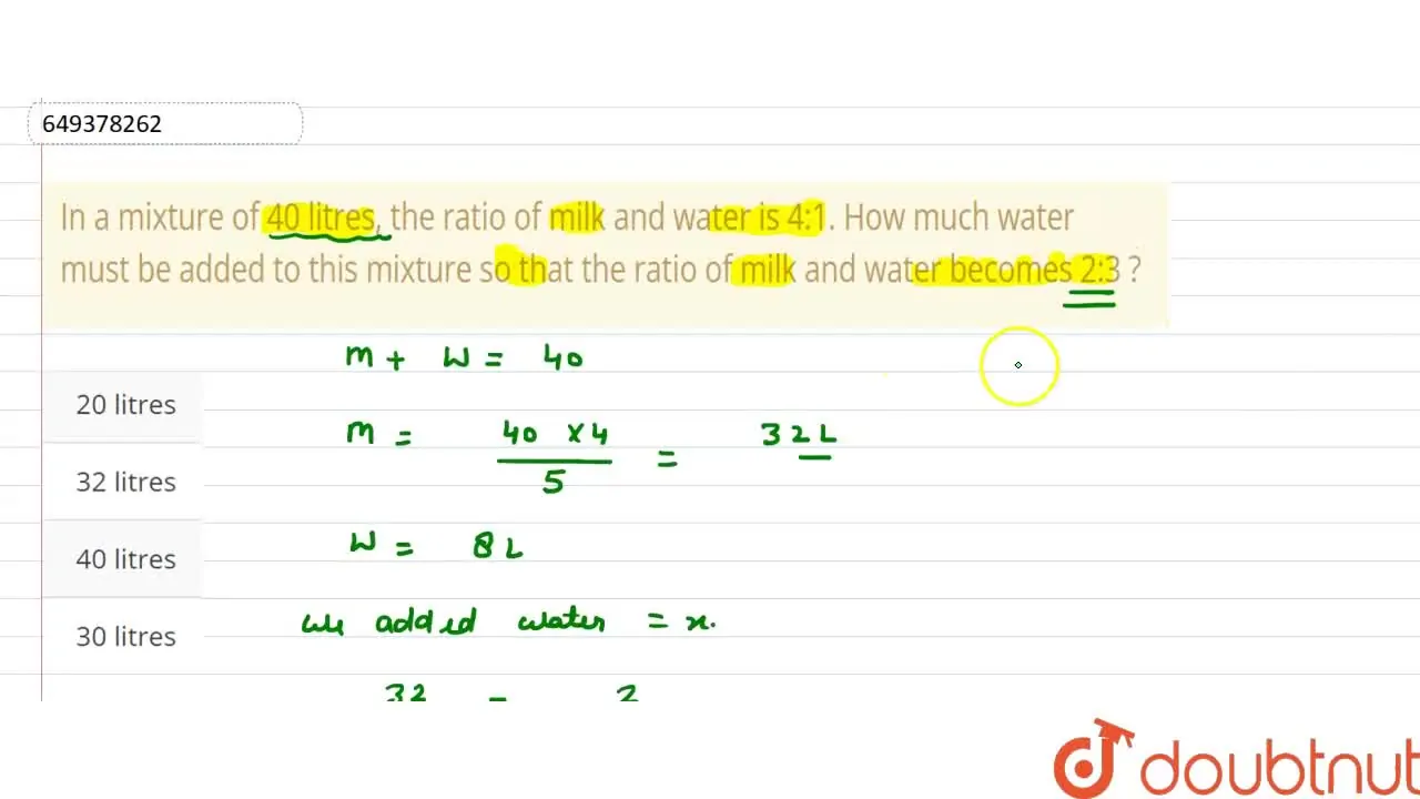 In a mixture of 40 litres, the ratio of milk and water is 4:1. How muc