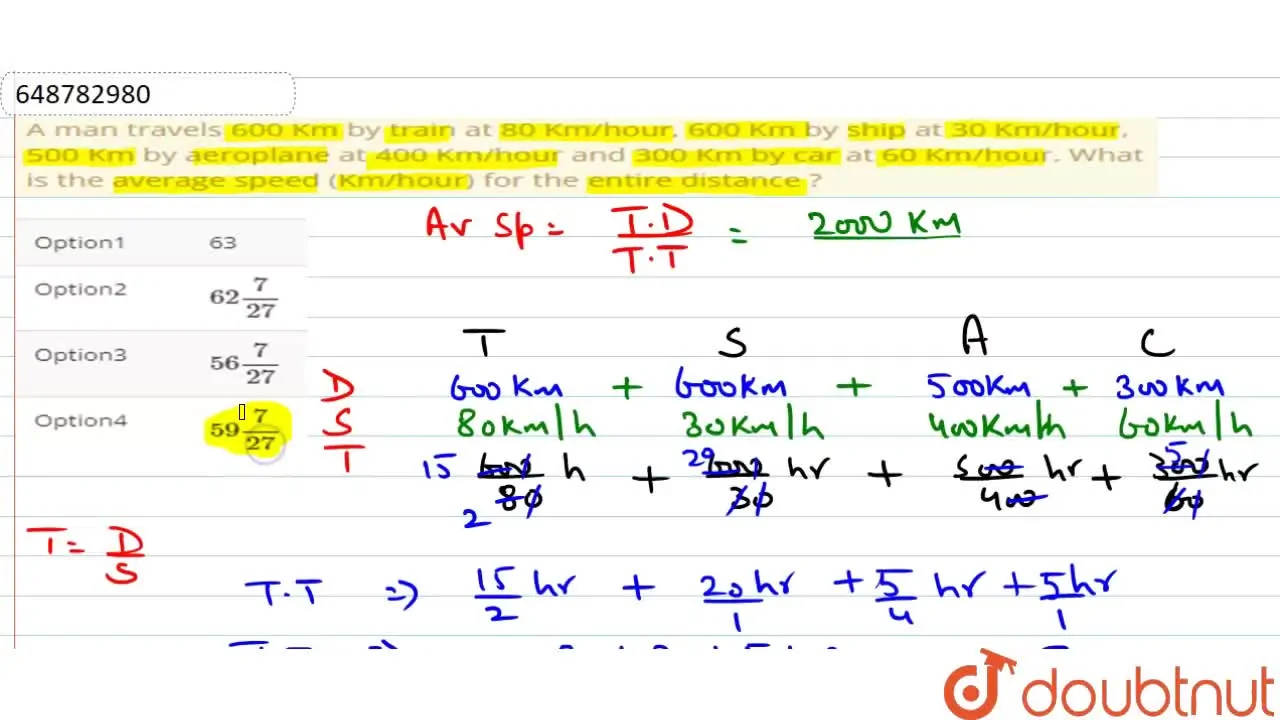 A man travels 600 Km by train at 80 Km/hour, 600 Km by ship at 30 Km/h