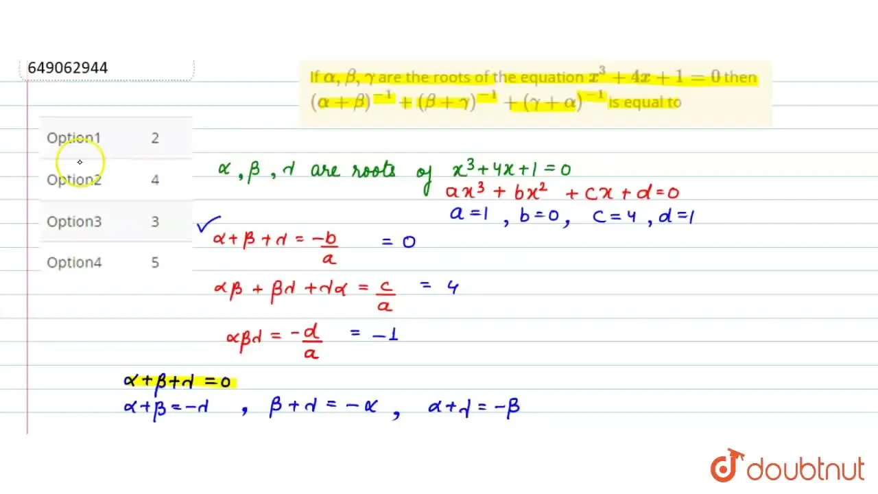 If alpha,beta,gamma are the roots of the equation x^(3)+4x+1=0 then
