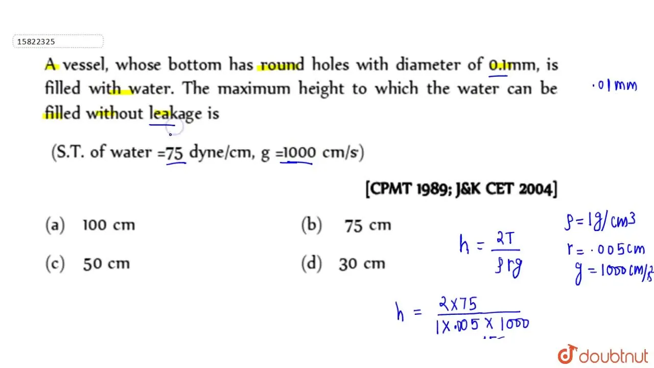 A vessel, whose bottom has round holes with diameter of 0.1 mm , is fi