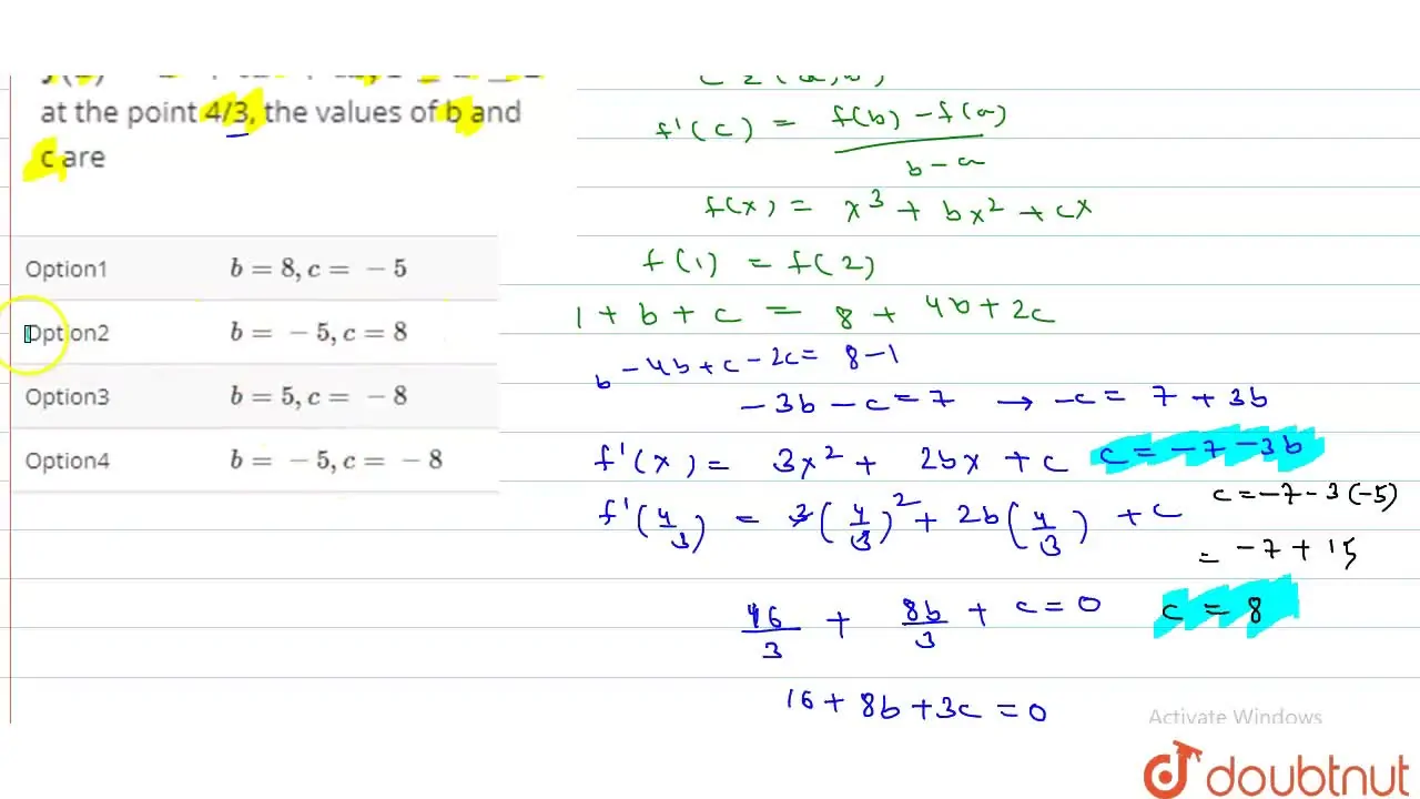 Rolle's theorem hold for the function f(x)=x^(3)+bx^(2)+cx,1 le x le2