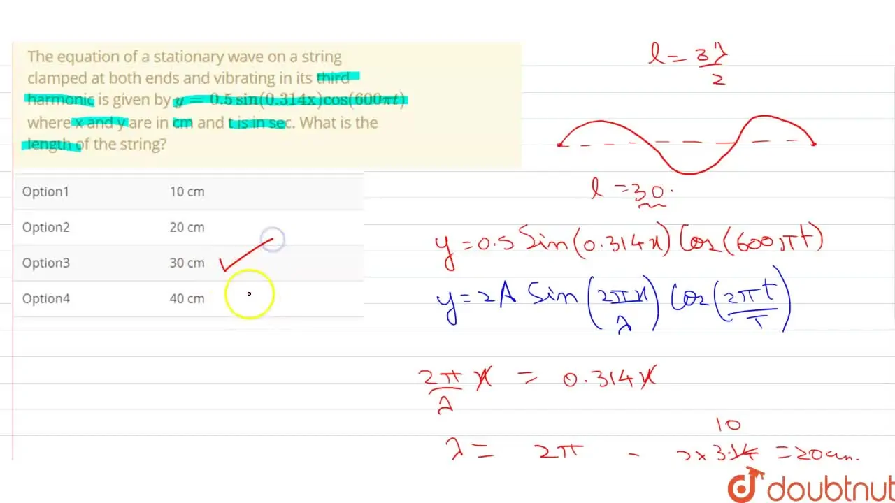 The equation of a stationary wave on a string clamped at both ends a