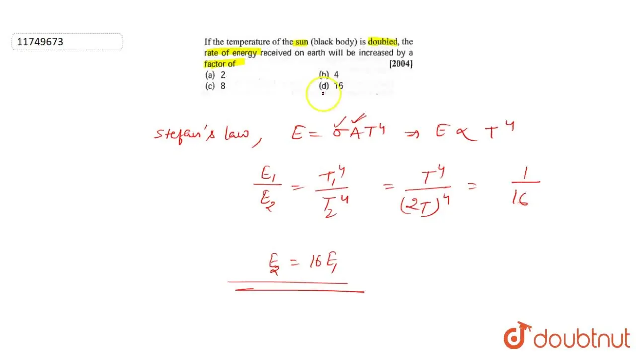 If the temperature of the sun (black body) is doubled, the rate of ene