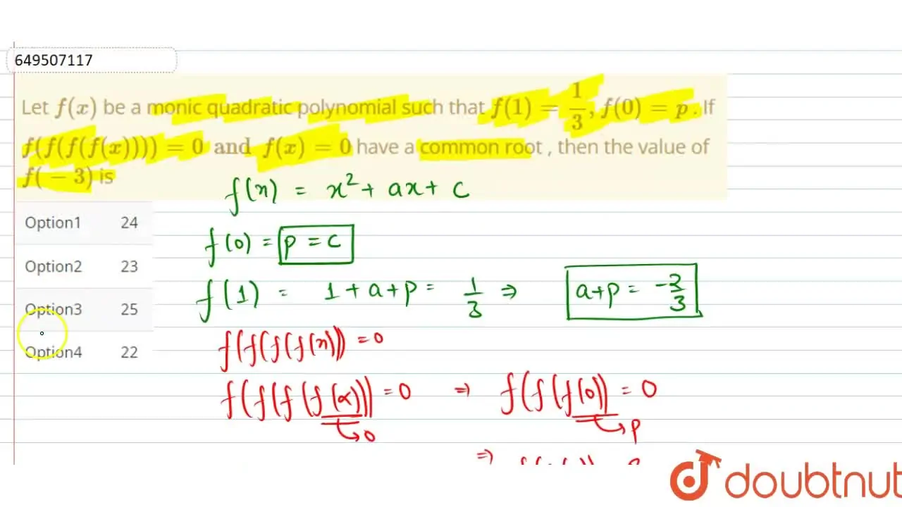 Let f(x) be a monic quadratic polynomial such that f(1)=1/3 , f(0) =p