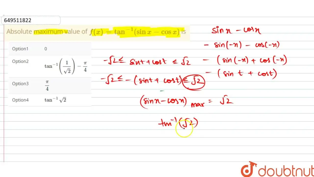 Absolute maximum value of f(x)=tan^(-1)(sinx-cosx) is