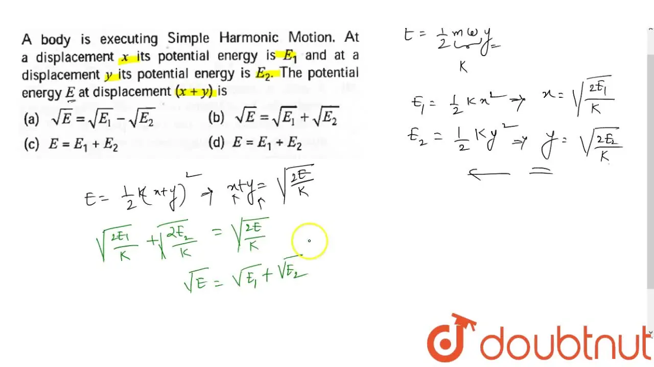 A body is executing simple harmonic motion. At a displacement x its po