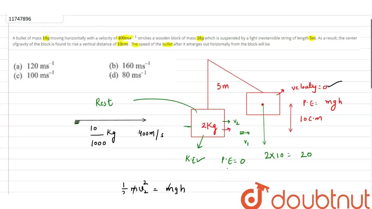A bullet of mass 10g moving horizontally with a velocity of 400 ms^(-1