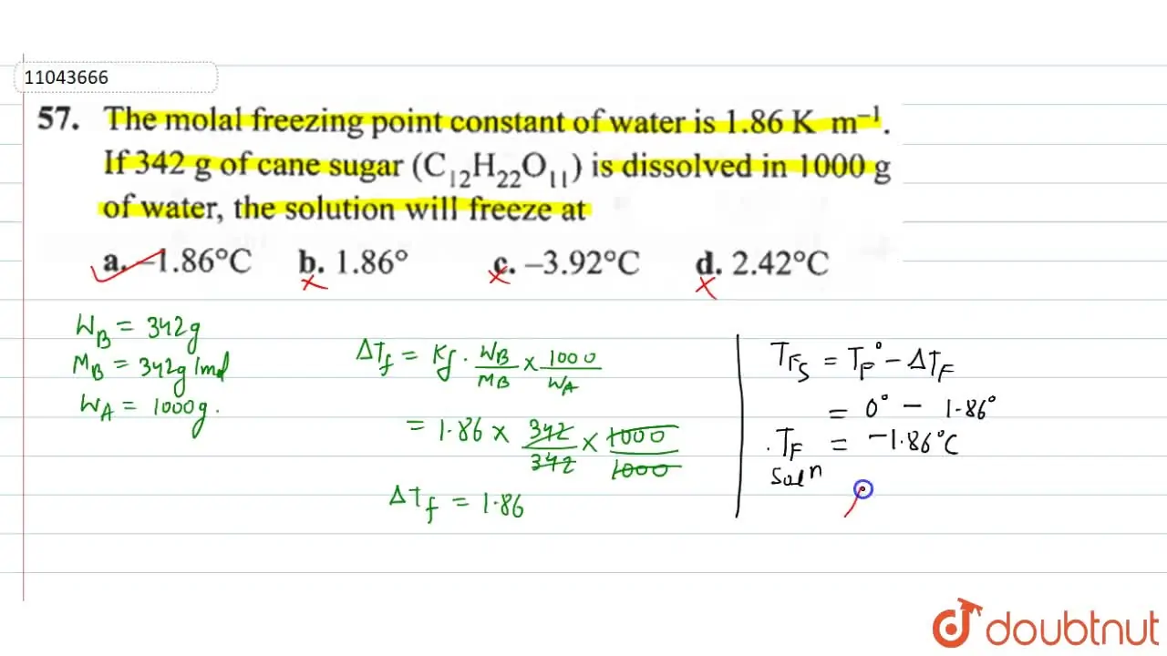 The molal freezing point constant of water is 1.86 K m^(-1). If 342 g