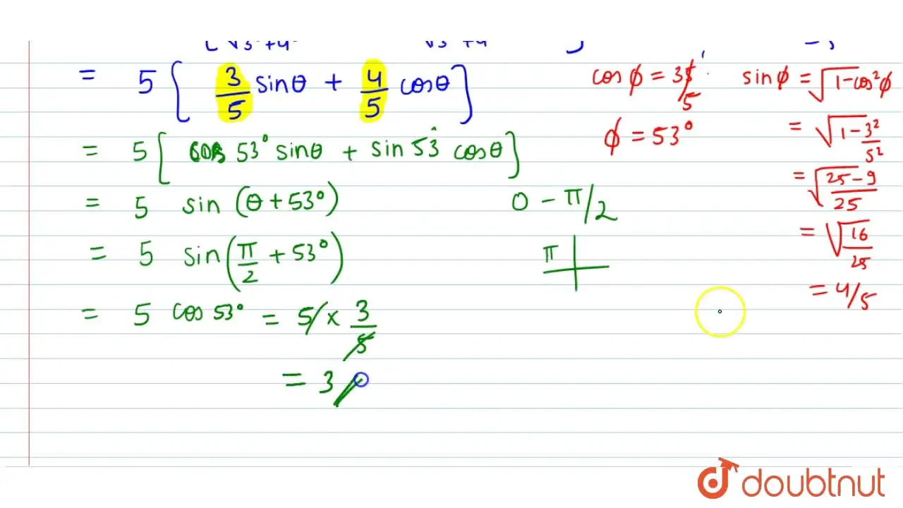 Minimum value of 3 sin theta+4 cos theta in the interval [0, (pi)/(2)