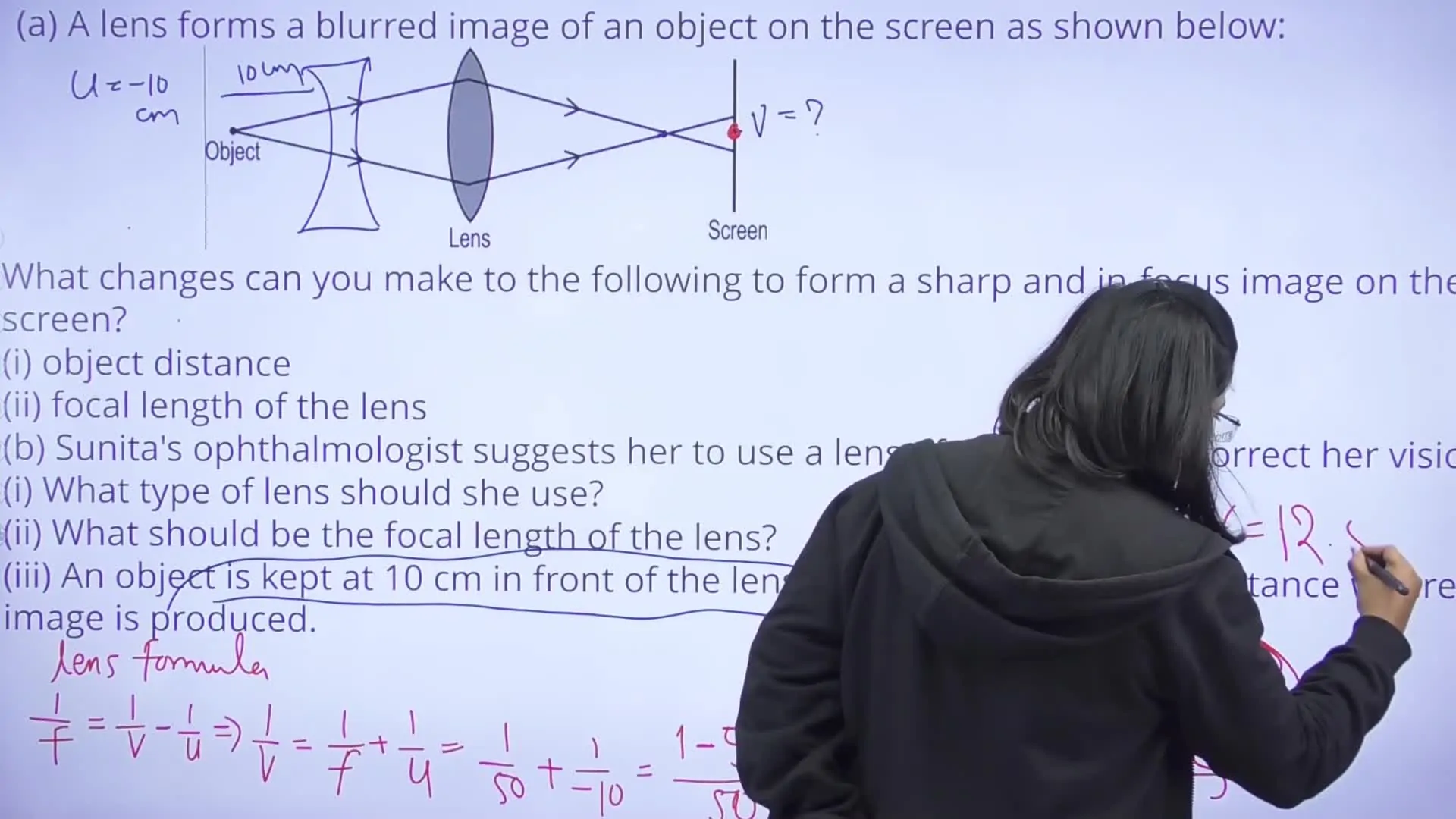 (a) A lens forms a blurred image of an object on the screen as shown b