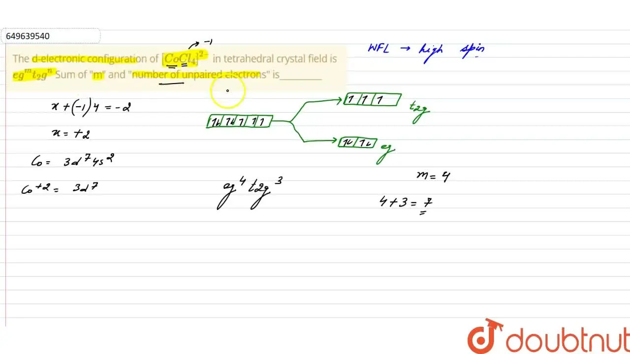 The d-electronic configuration of [CoCl4]^(2–) in tetrahedral crystal
