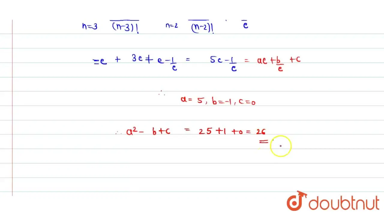 Let sum(n=0)^(oo)(n^3(2n)!+(2n-1)n!)/(n!.(2n)!)=ae+b/e+c,where a,b,c i