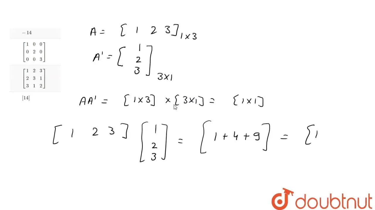 If a matrix A=[(1,2,3)], then the matrix A A' (where A' is the transpo