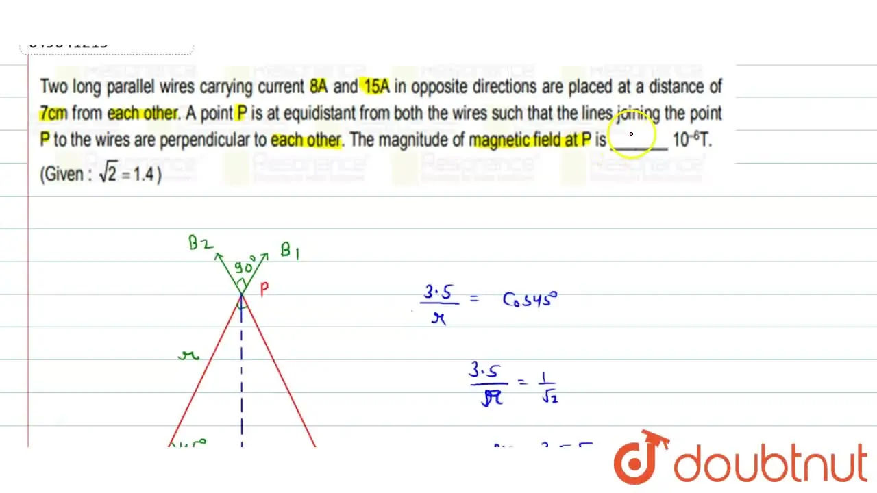 Two long parallel wires carrying current 8A and 15A in opposite direct