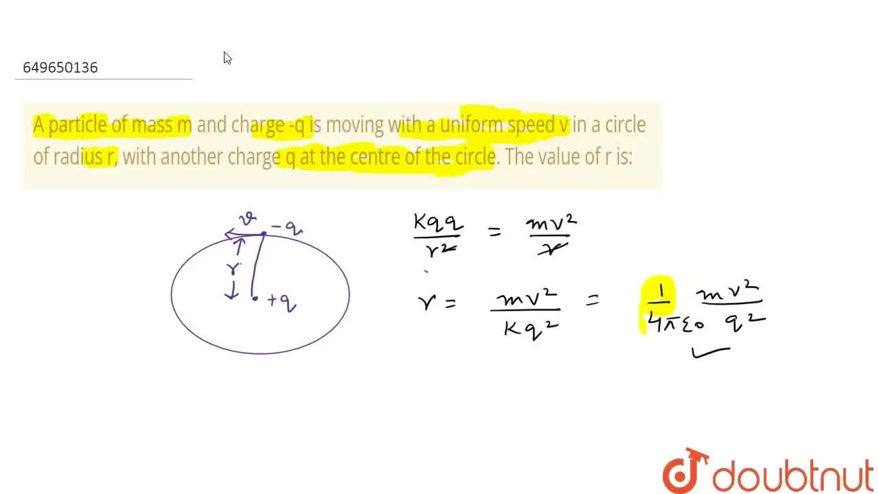 A particle of mass m and charge -q is moving with a uniform speed v in