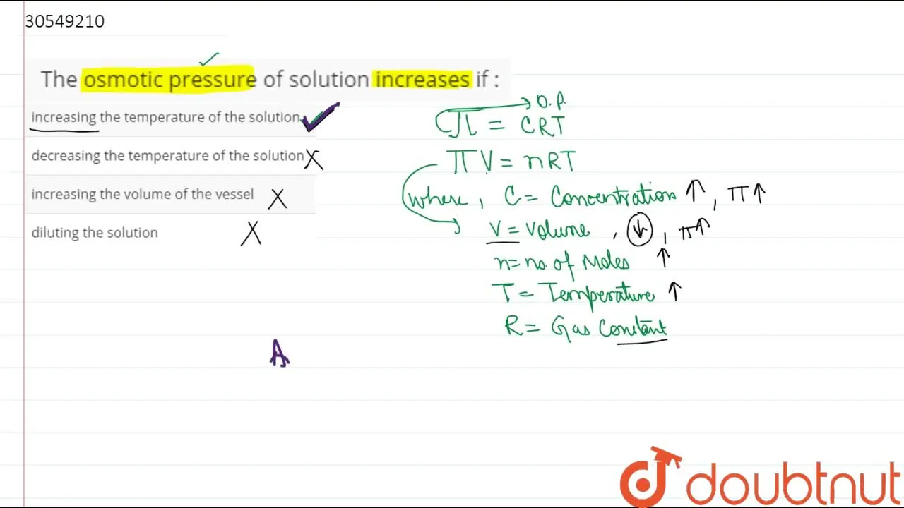 The osmotic pressure of solution increases if