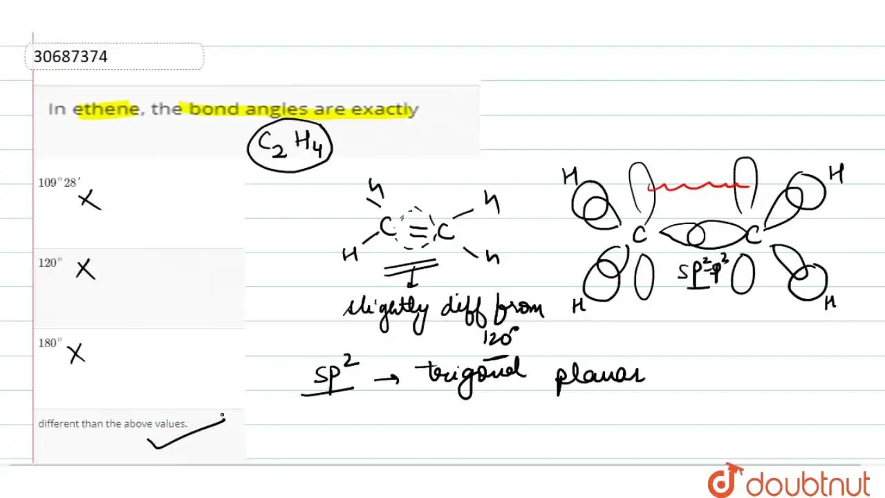In ethene, the bond angles are exactly