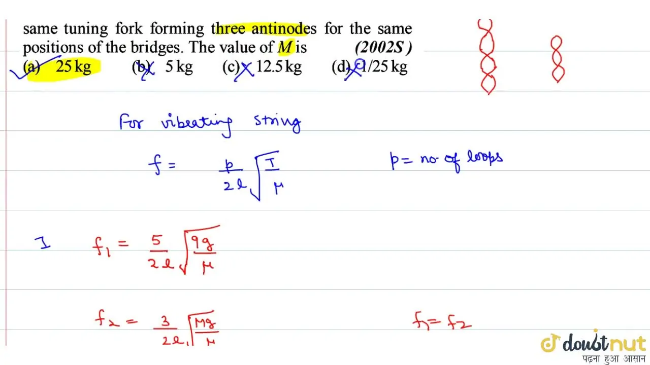 A sonometer wire resonates with a given tuning fork forming standing w