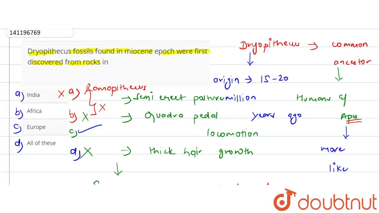 Dryopithecus fossils were first discovered in Miocene period from rock