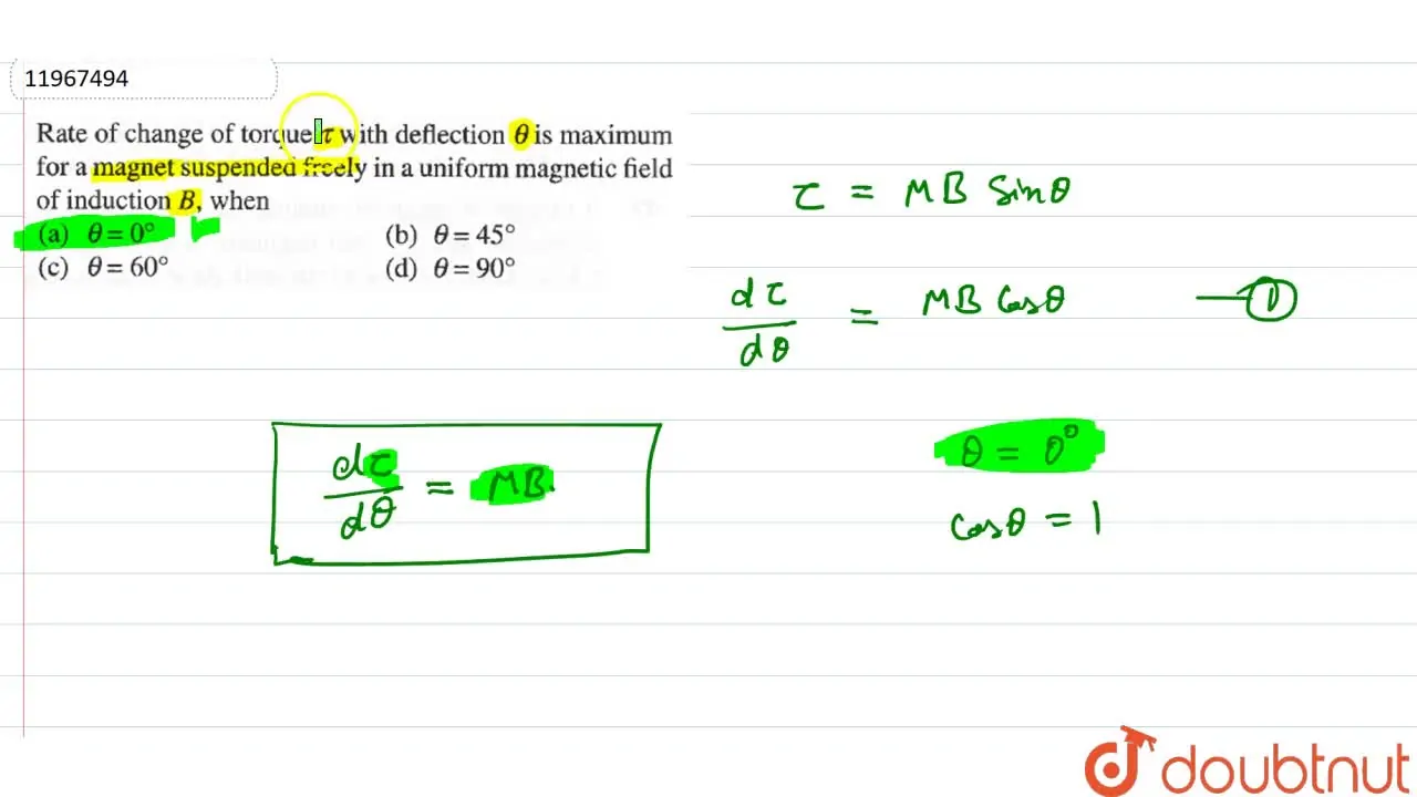 Rate of charges of torque tau with deflection theta is maximum for a m