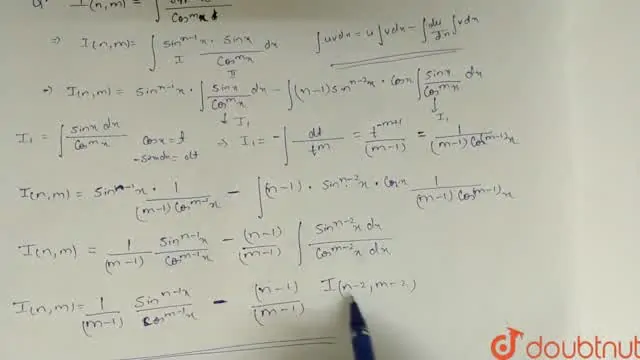 Derive reduction formula for l((n","m))=int (sin^(n)x)/(cos^(m)x)dx