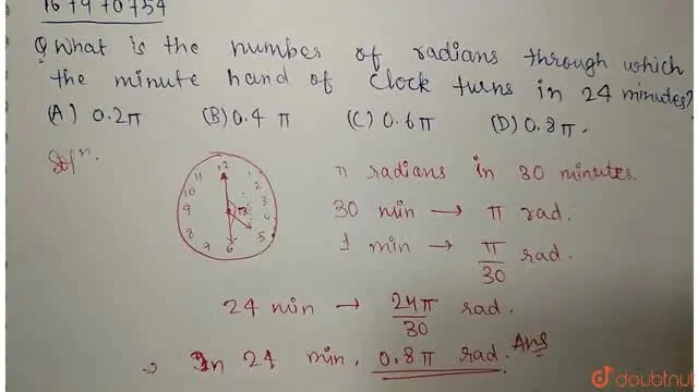 What is the number of radians through which the number hand of a clock
