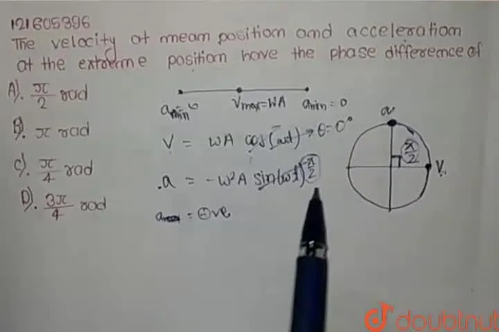 The velocity at mean position and acceleration at the extreme position