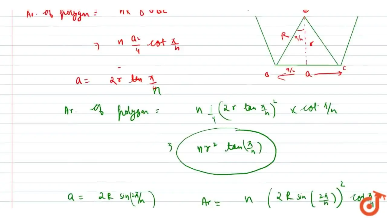 The area of a regular polygon of n sides is (where r is inradius, R is