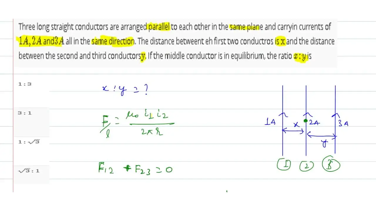 Three long straight conductors are arranged parallel to each other in