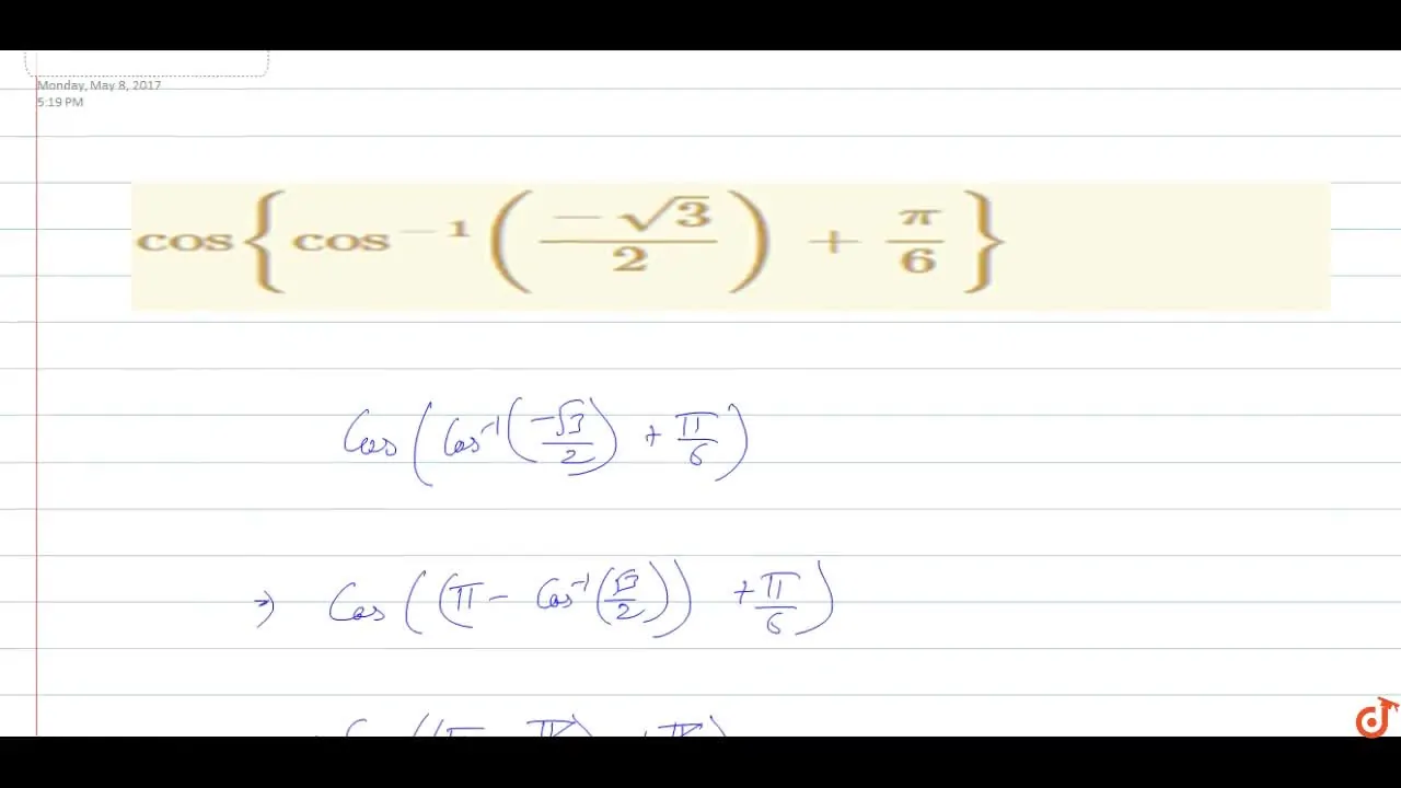 cos{cos^(- 1)((-sqrt(3))/2)+pi/6}