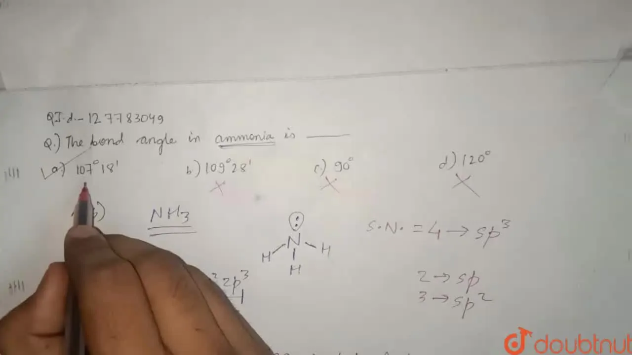 The bond angle in ammonia is