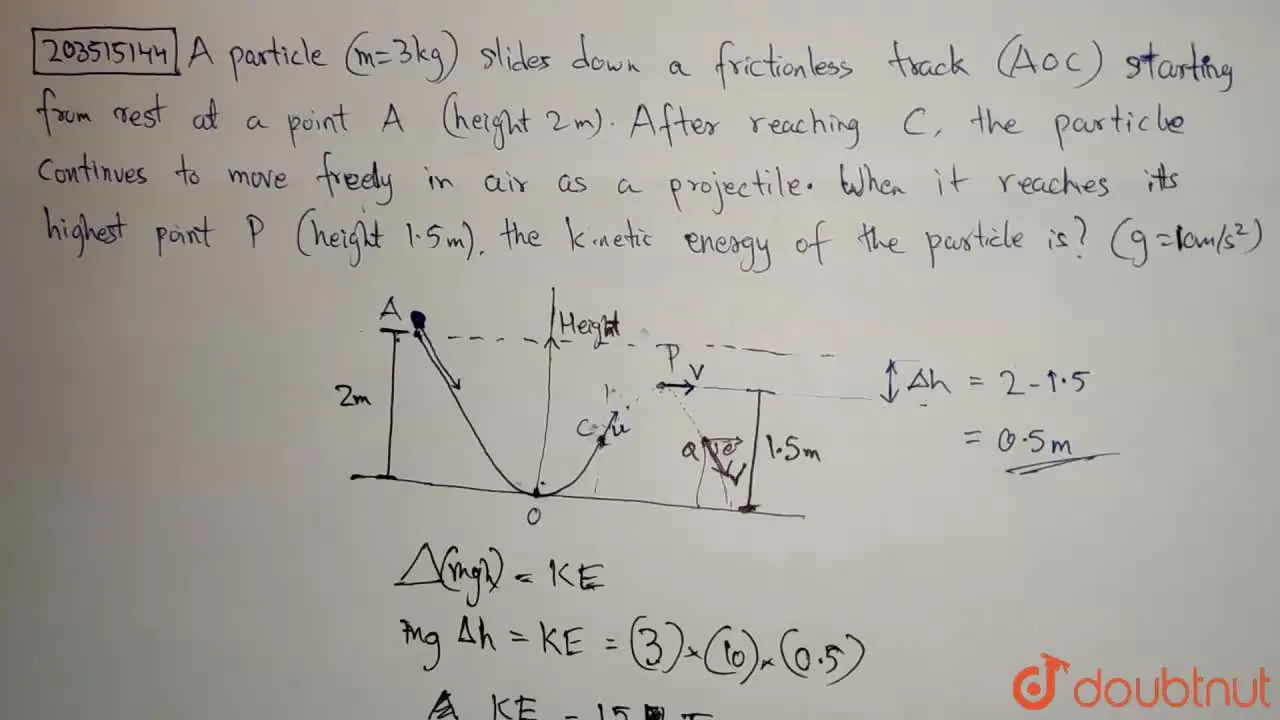 A particle (m = 3 kg) slides down a frictionless track (AOC) starting