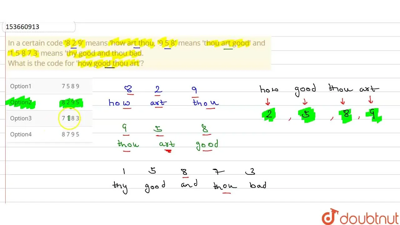 In a certain code '8 2 9' means 'how art thou, '9 5 8' means 'thou art