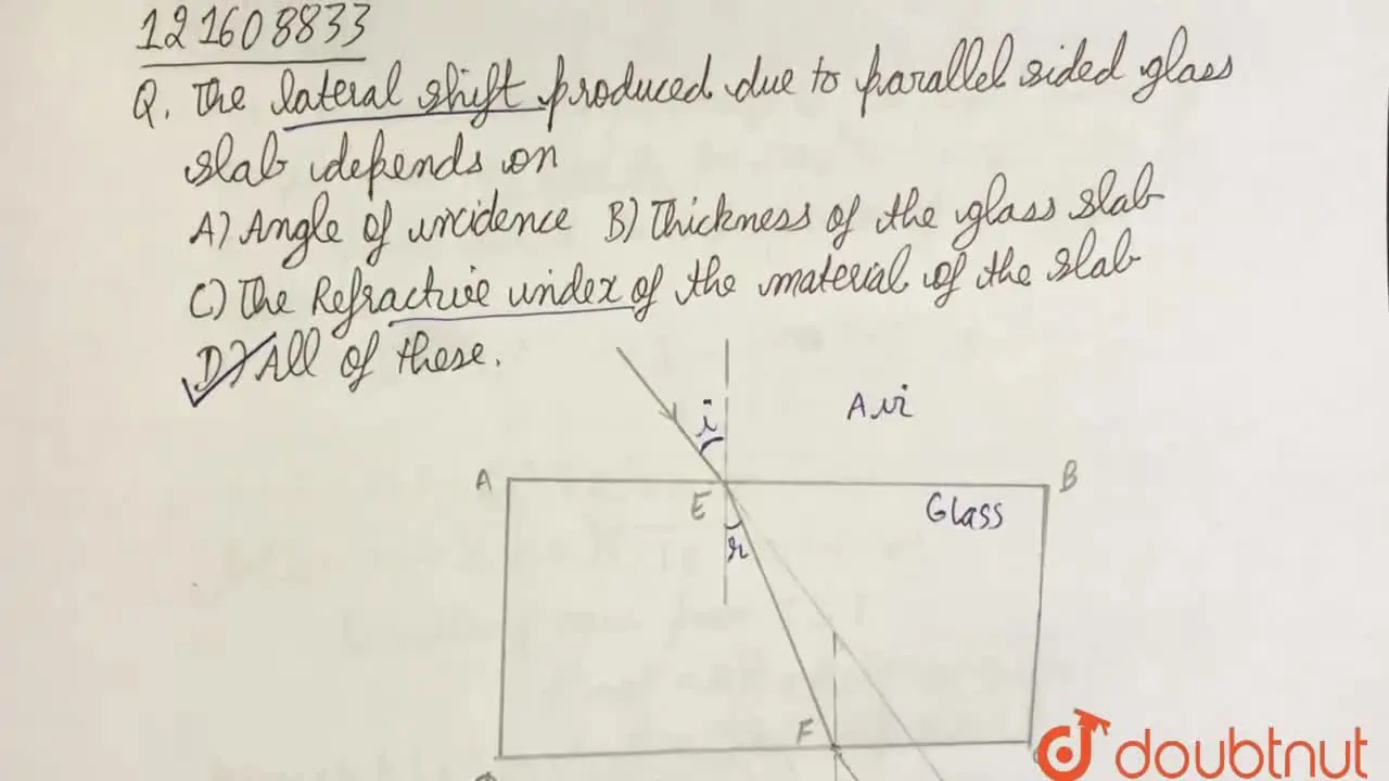 The lateral shift produced due to parallel sided glass slab depends on