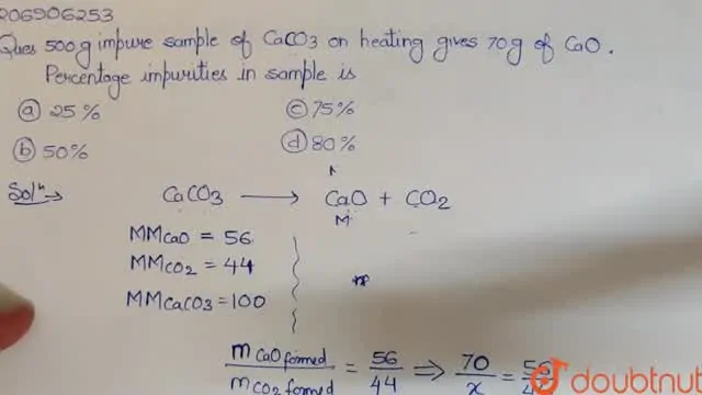 500 g impure sample of CaCO(3) on heating gives 70 g of CaO. Percentag