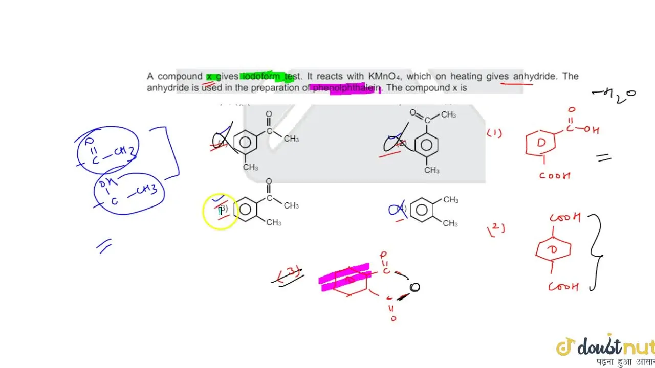 Compound (C(9)H(10)O) shows positive iodoform test. Oxidation of A wit
