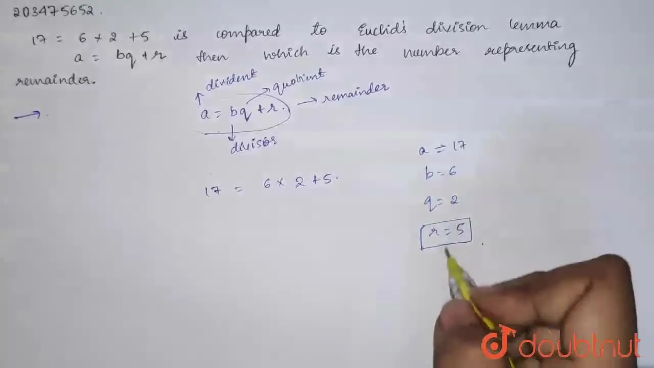 [Kannada] 17 = 6 xx2+5 is compared with Euclid's Division lemma a = bq