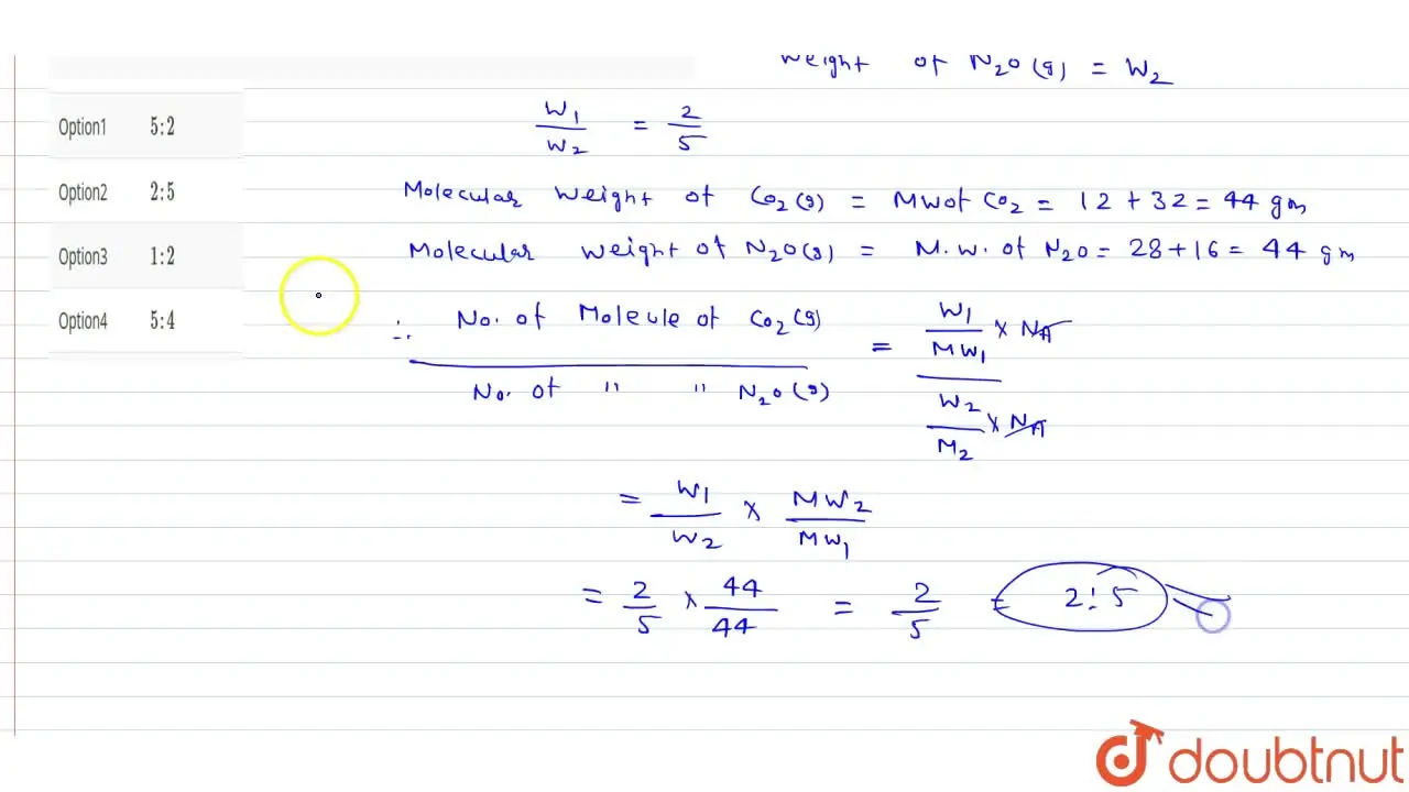 A gaseous mixture contains CO(2)(g) and N(2)O(g) in 2:5 ratio by mass.