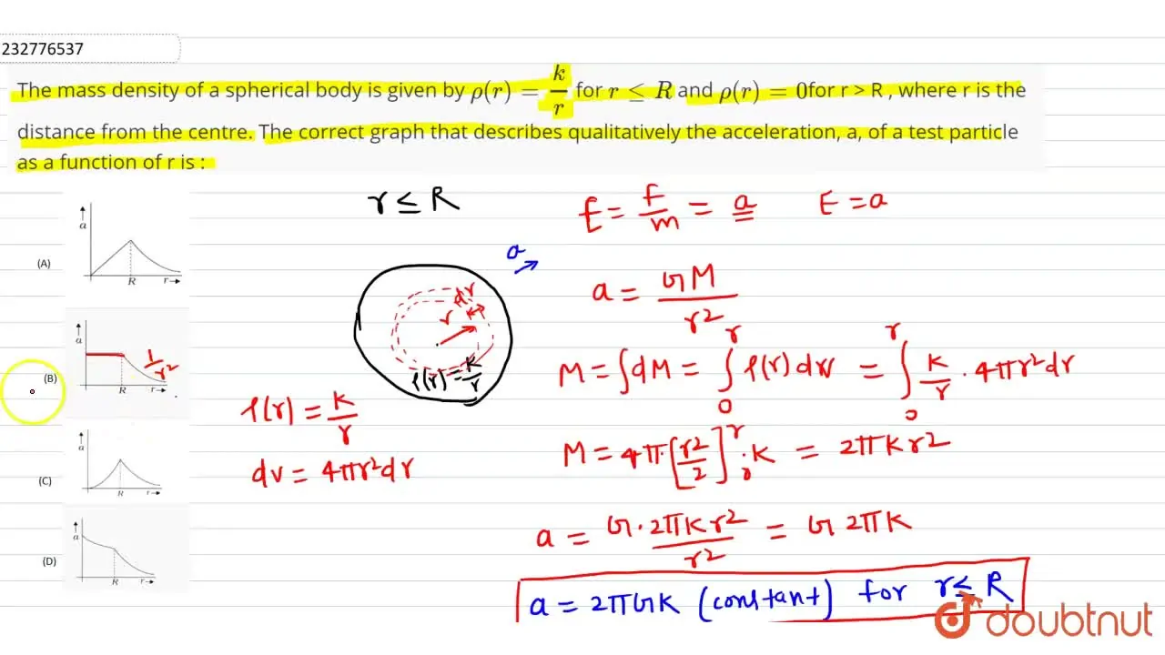 The mass density of a spherical body is given by rho(r)=k/r for r le R