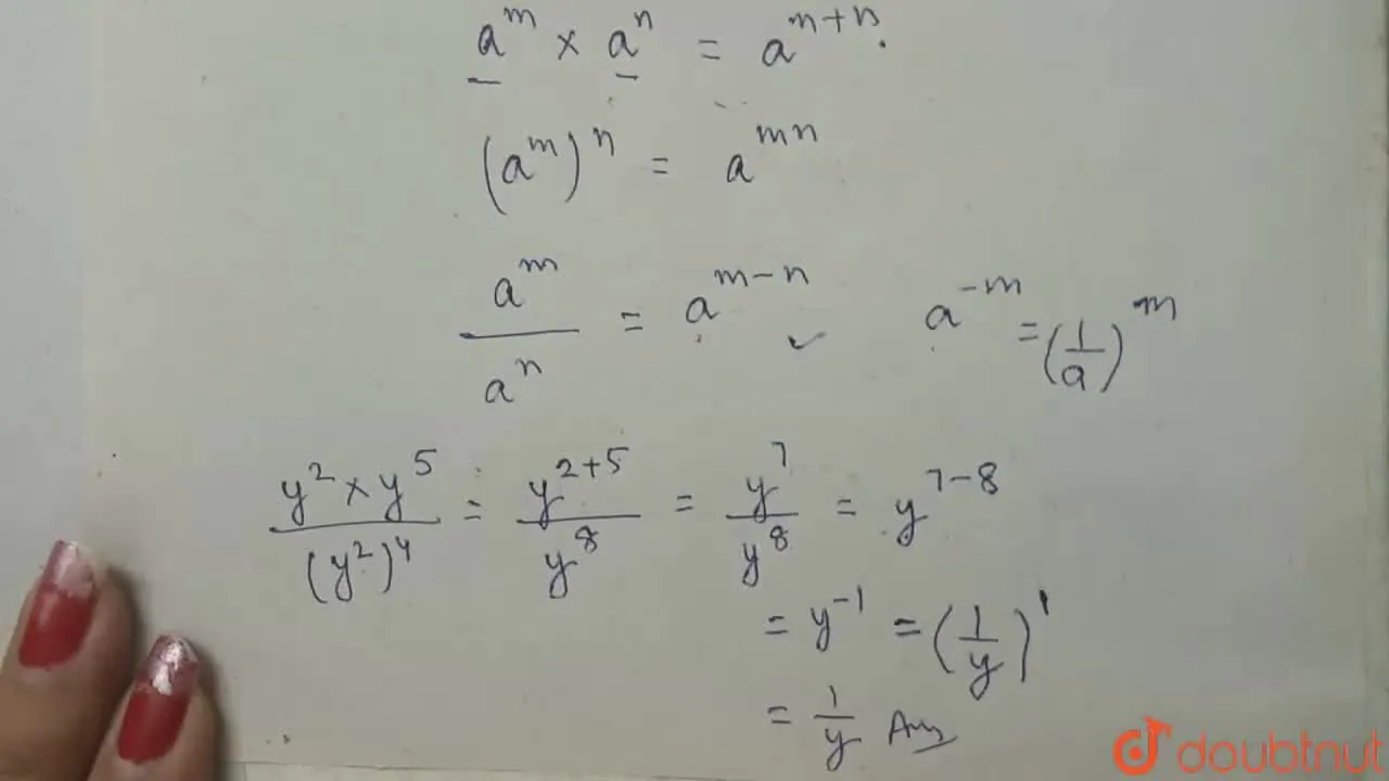 Simplify : (y^(2)xxy^(5))/((y^(2))^(4))
