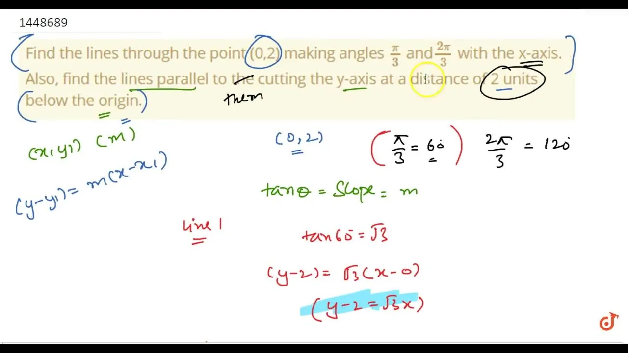 Find the lines through the point (0,2) making angles pi/3 and(2pi)/3 w