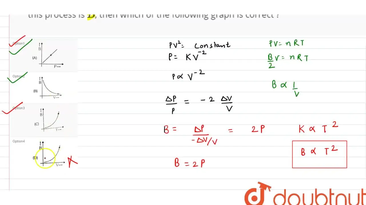 A sample of gas follow process represented by PV^(2) = constant . Bulk
