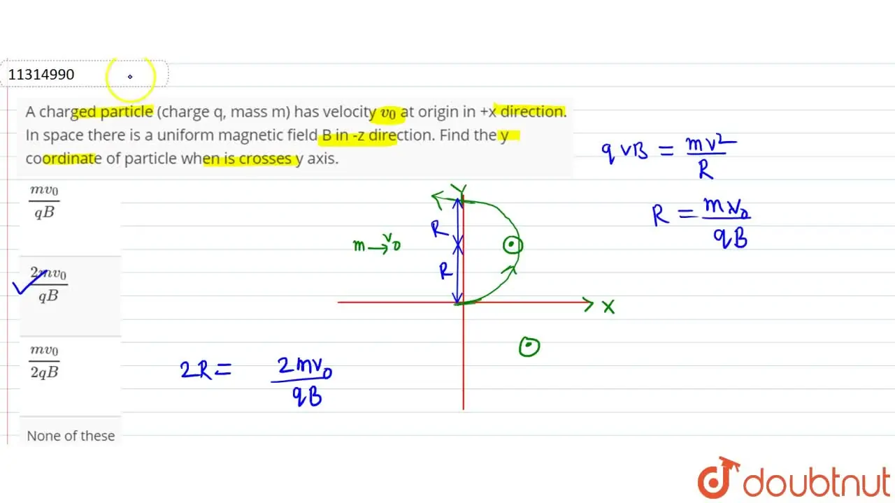 A charged particle (charge q, mass m) has velocity v(0) at origin in
