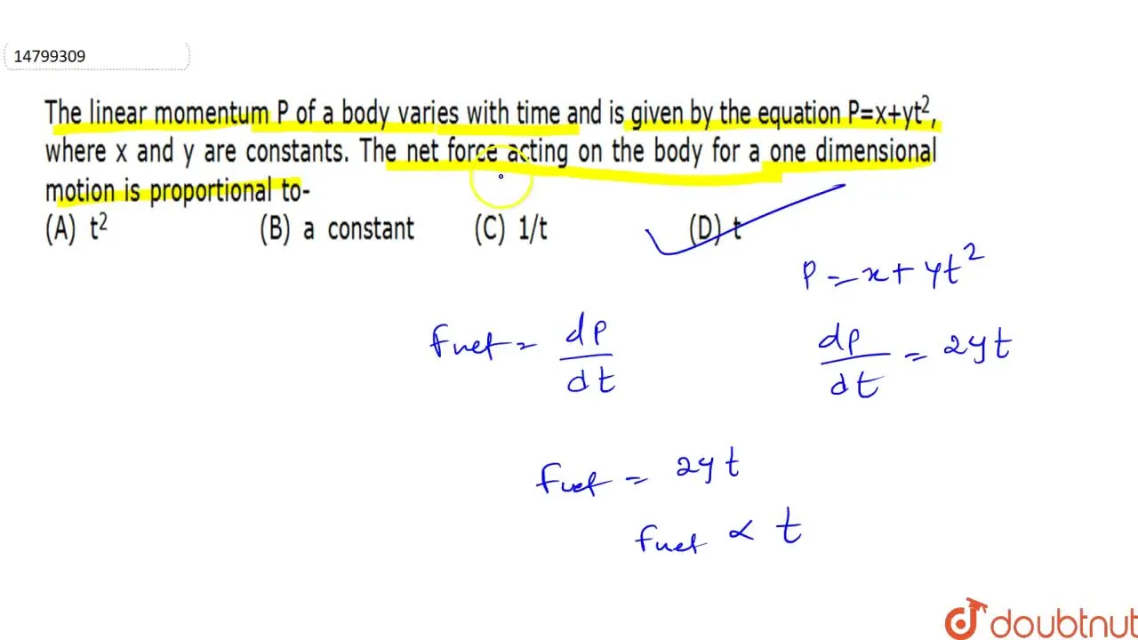 The linear momentum P of a body varies with time and is given by the e
